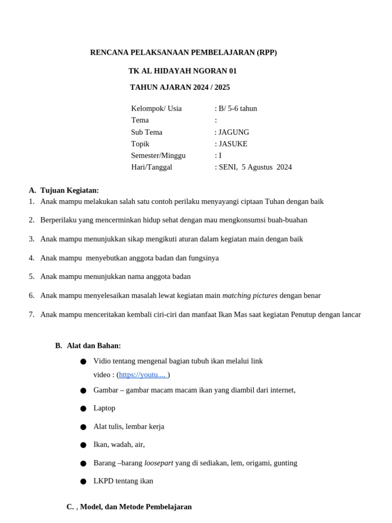 Contoh RPP Dan Asesmen PAUD | PDF