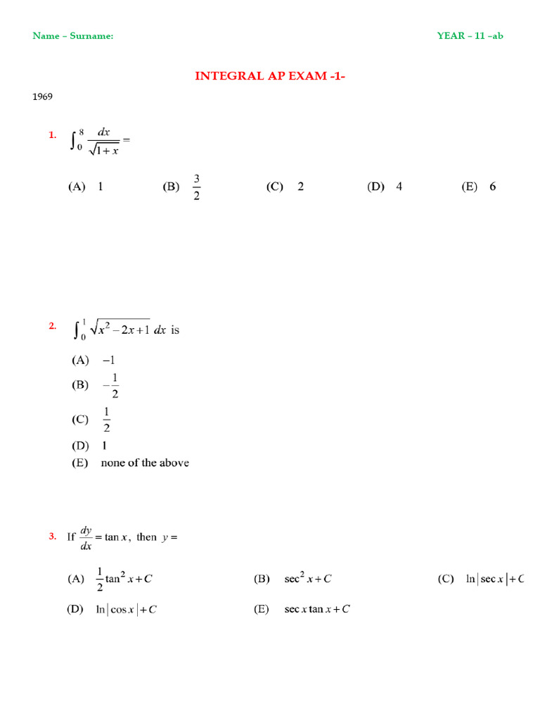 Integral Ap Past Papers 1 | PDF