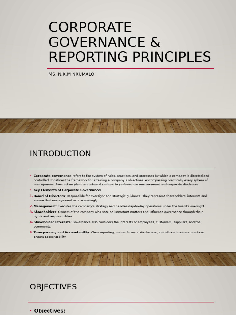Corporate Governance & Reporting Principles Slides | PDF | Corporate ...