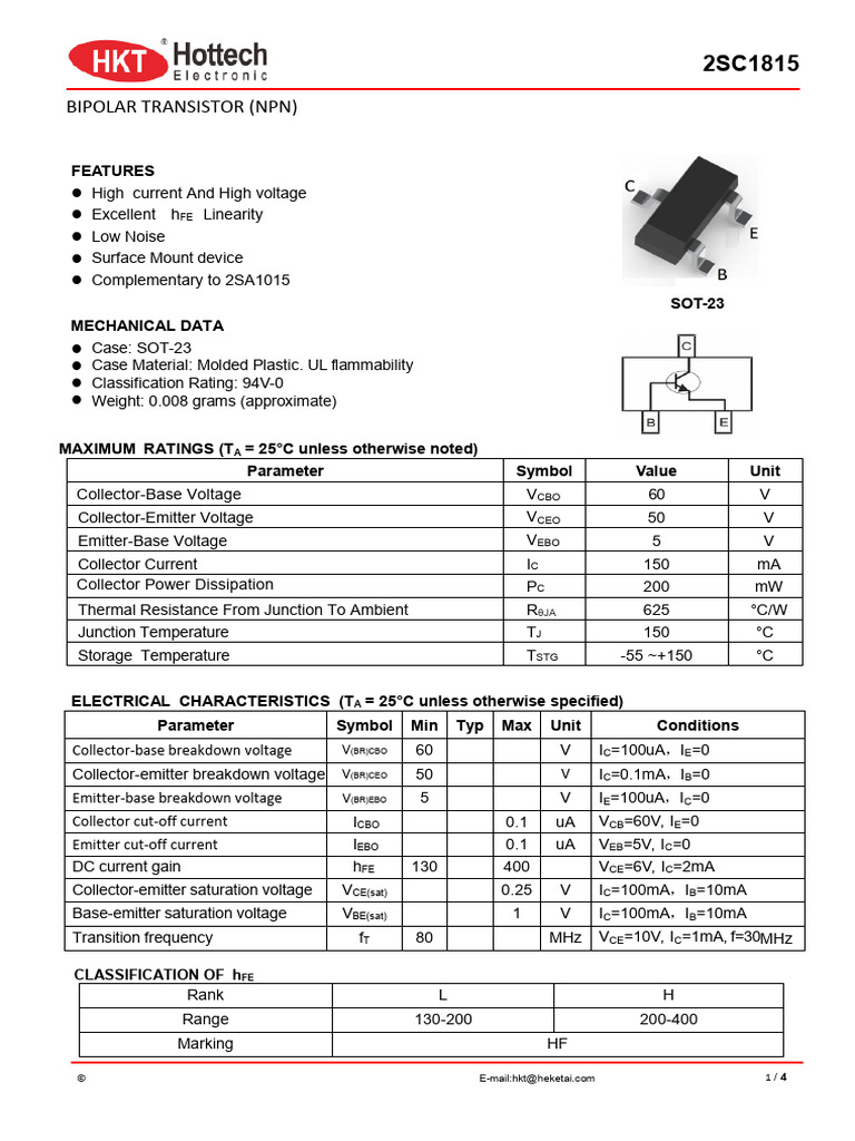2SC1815 Sot 23 | PDF | Bipolar Junction Transistor | Electromagnetism