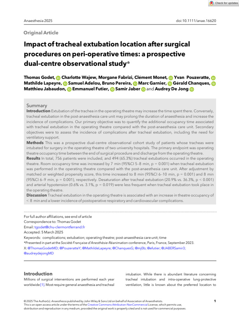 Anaesthesia - 2025 - Godet - Impact of Tracheal Extubation Location After Surgical Procedures On ...