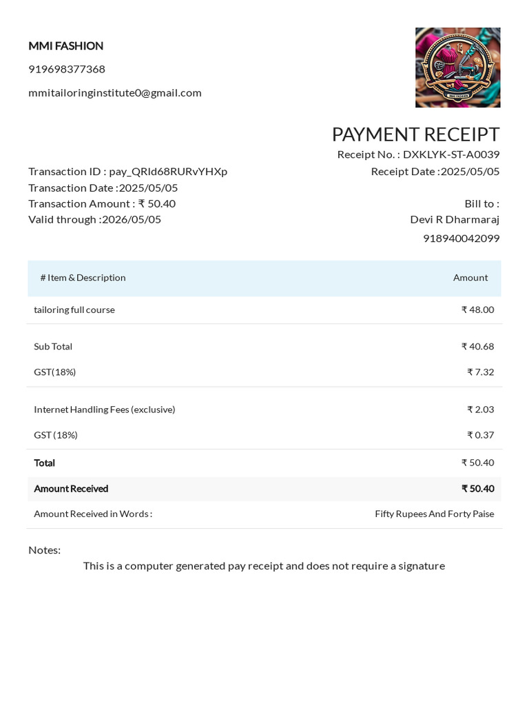 MMI Fashion Tailoring Course Receipt | PDF