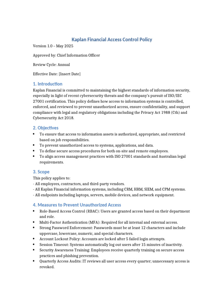 Kaplan Access Control Policy | PDF