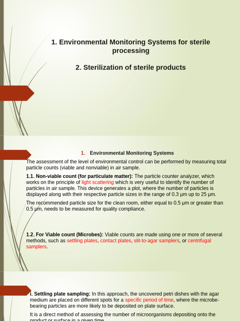 Lecture No.10 Environmental Monitoring of Sterile Area | PDF ...