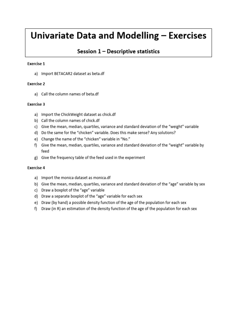 Univariate Data and Modelling Exercises: Session 1 Descriptive Statistics | PDF