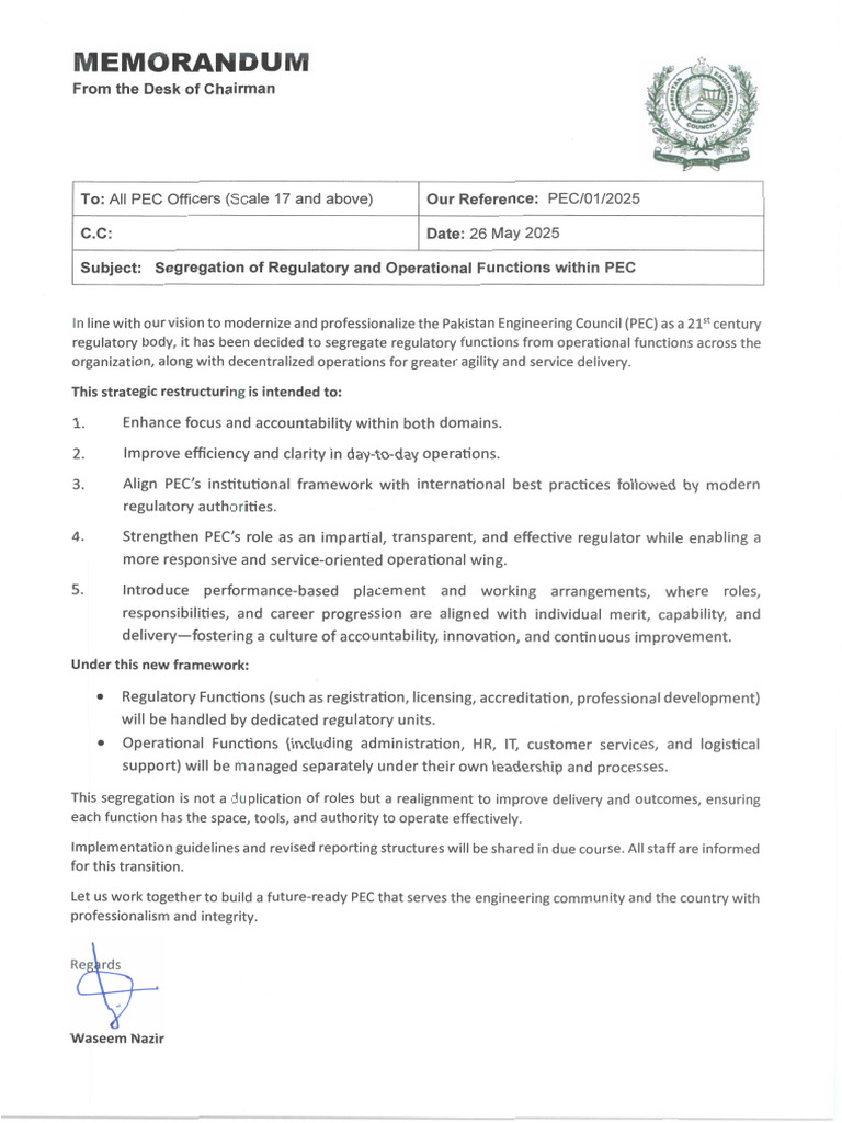 Memorandum - Segregation of Regulatory and Operational Functions Within ...