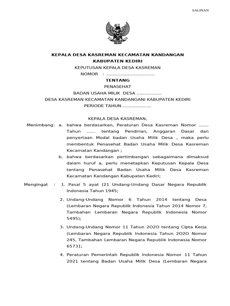 Draft SK Penasehat BUM Desa | PDF
