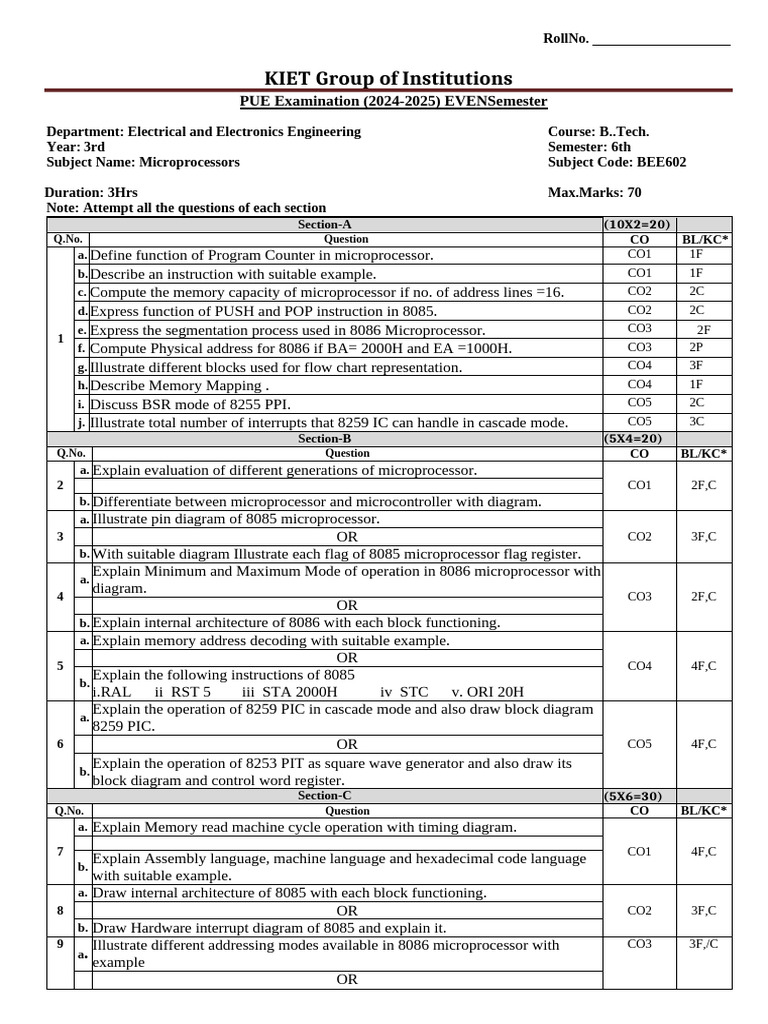 BEE602 Microprocessor Ruchika - Singh@kiet - Edu SET A | PDF | Microprocessor | Computer Science