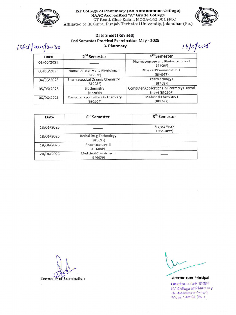 Practical Datesheet B Pharm (Revised) | PDF