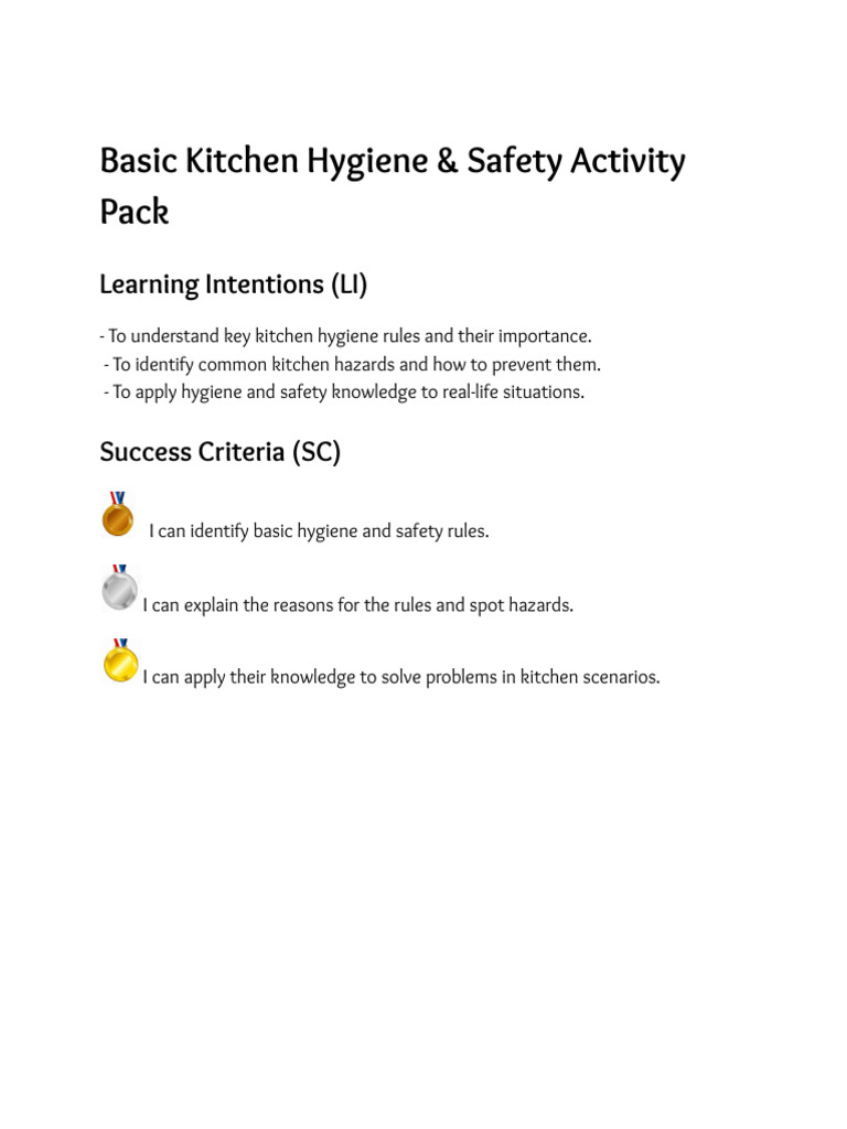 Kitchen Hygiene Rules Activity Pack | PDF | Hygiene | Hazards