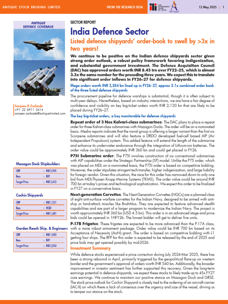 Indian Defence Sector Order Outlook | PDF | Shipbuilding | Marine ...