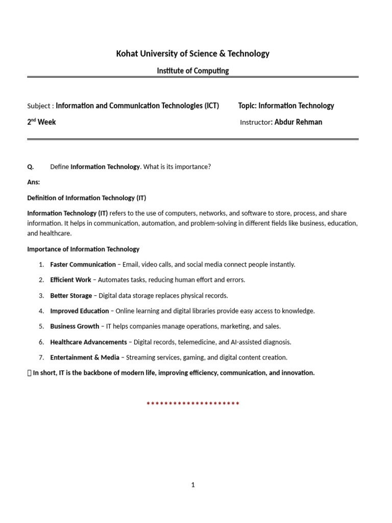 Introduction To ICT - Notes - Week 2 (Information Technology) | PDF ...