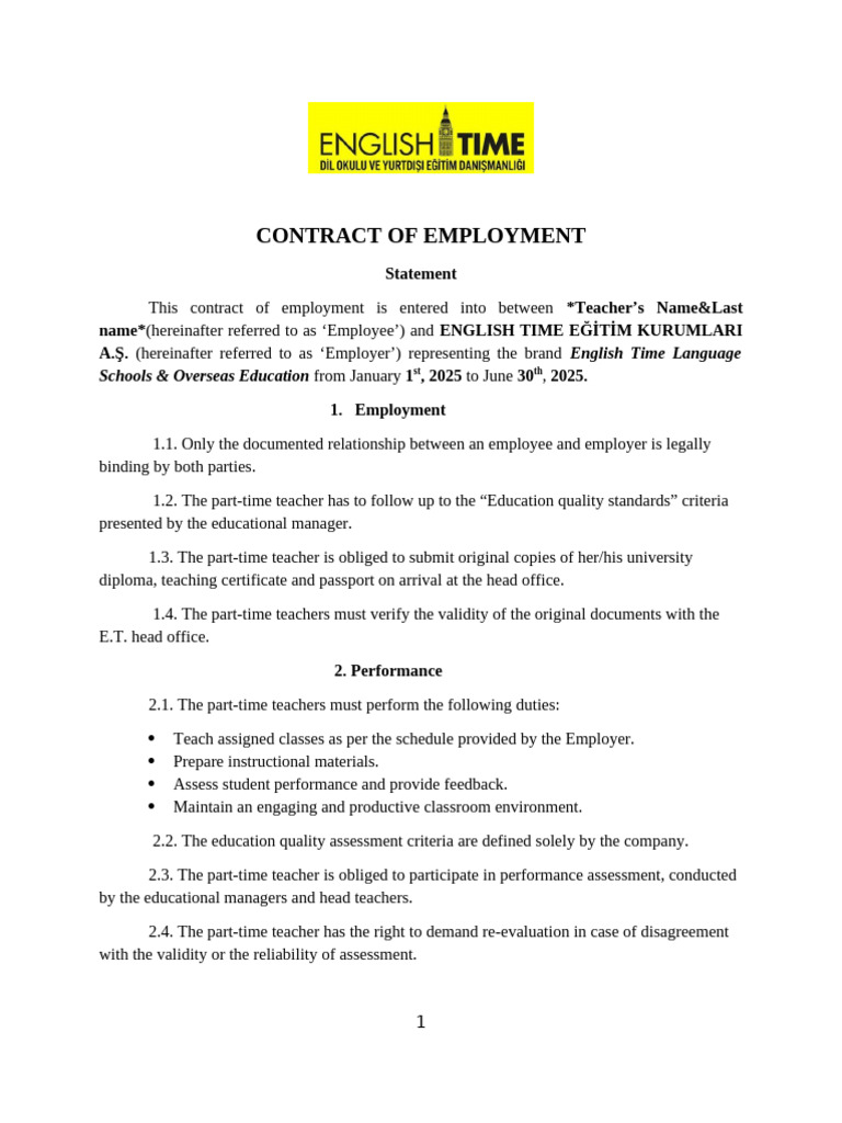 Part-Time Teacher Employment Contract | PDF | Teachers | Salary