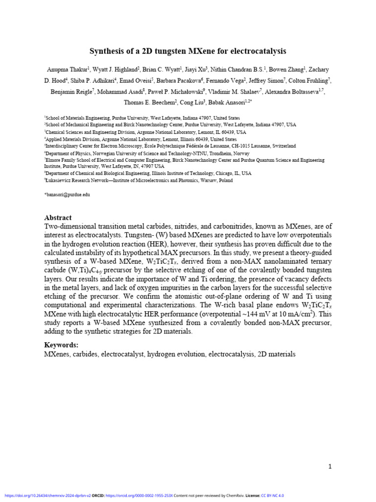 Synthesis of A 2d Tungsten M Xene For Electrocatalysis | PDF | X Ray ...