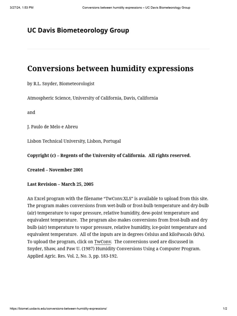 Conversions Between Humidity Expressions - UC Davis Biometeorology ...