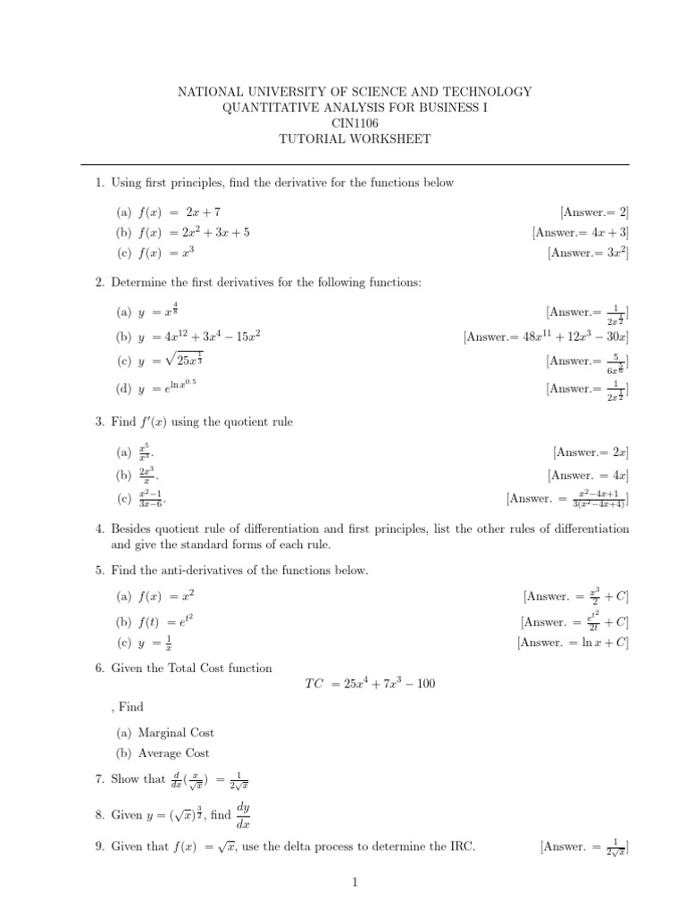 Calculus Tutorial Work Sheet | PDF | Derivative | Subtraction