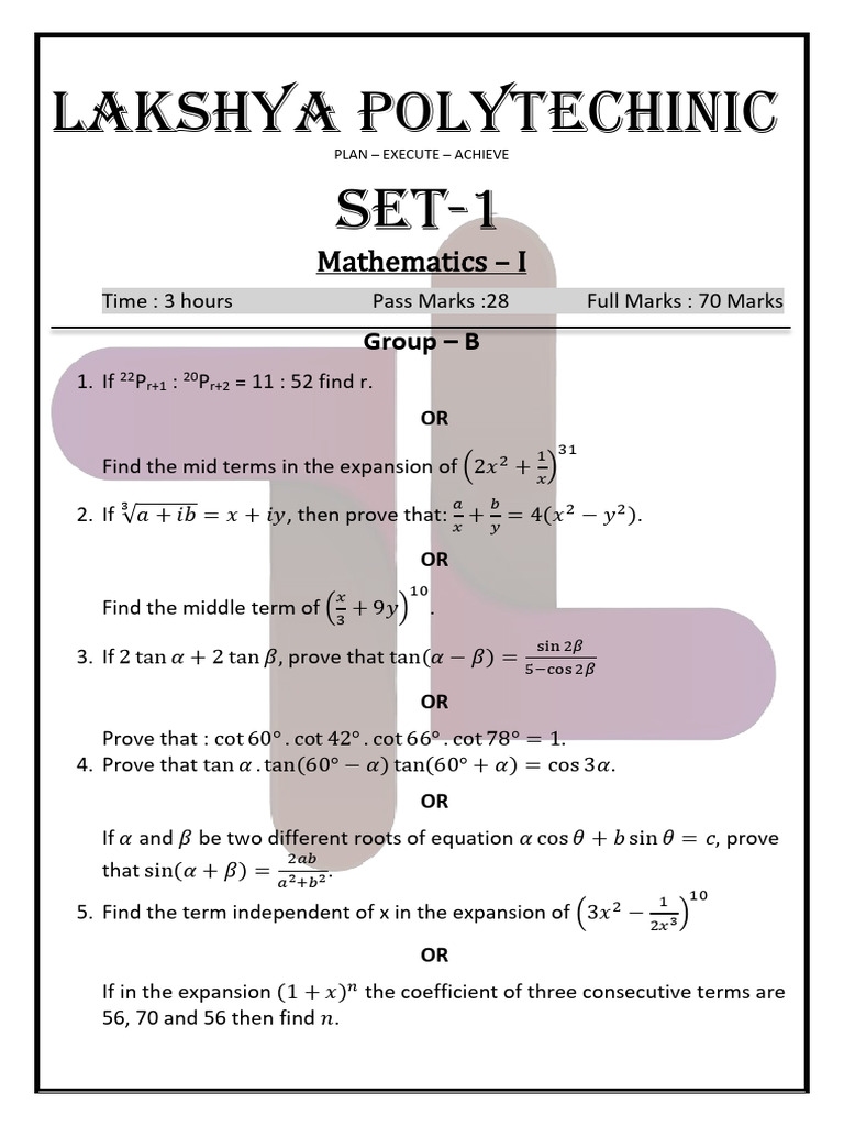 Mathematics 1 Model Set - 16b89085 7c58 46e4 Aaa7 Fa42be7e03f2 | PDF | Ellipse | Euclidean Geometry