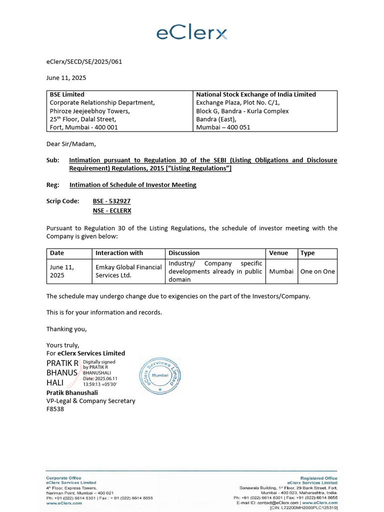 ECLERX 11062025142325 BSENSEInvMeetEmkayGlobalFinancialServices110625 | PDF