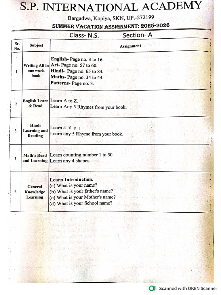 Summer Vacation Assignment = 2025-26 | PDF