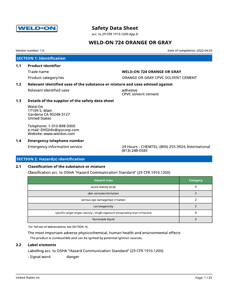 Safety Data Sheet - Weld-On 724 Gray | PDF