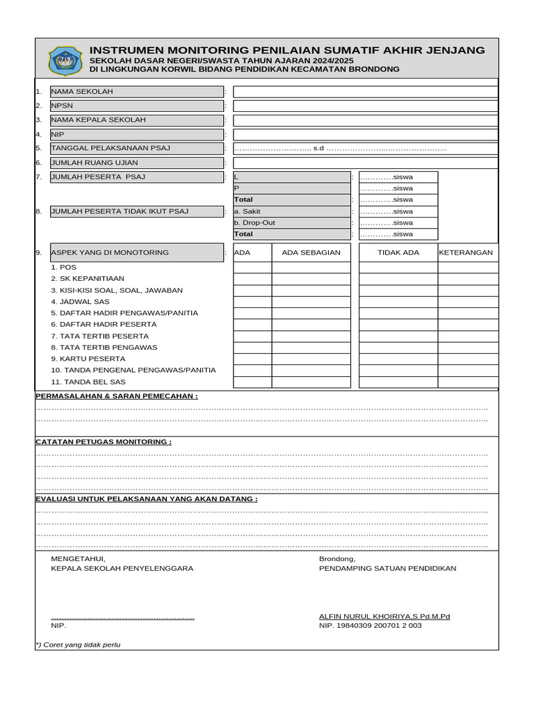 Instrumen Monitoring STS, SAS, Dan PSAJ 2025 | PDF