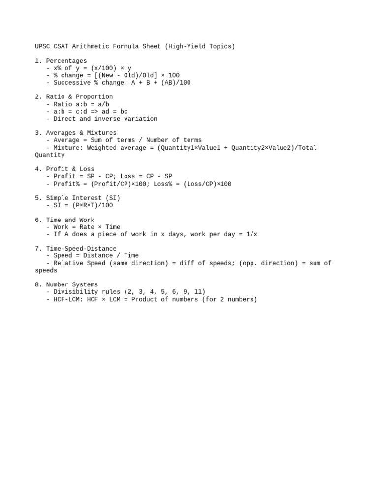 Arithmetic Formula Sheet | PDF