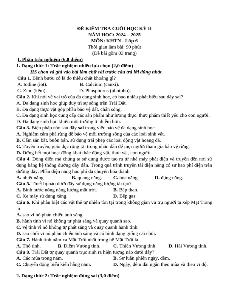Đề KT KHTN 6 | PDF