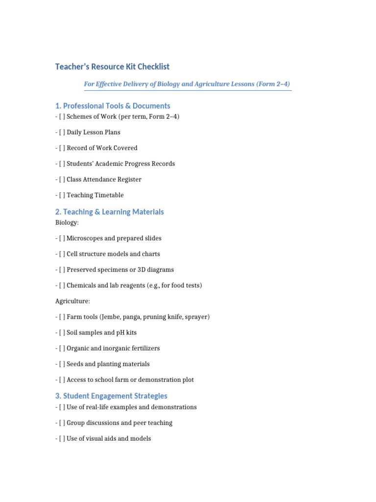 Teacher Resource Kit Checklist | PDF