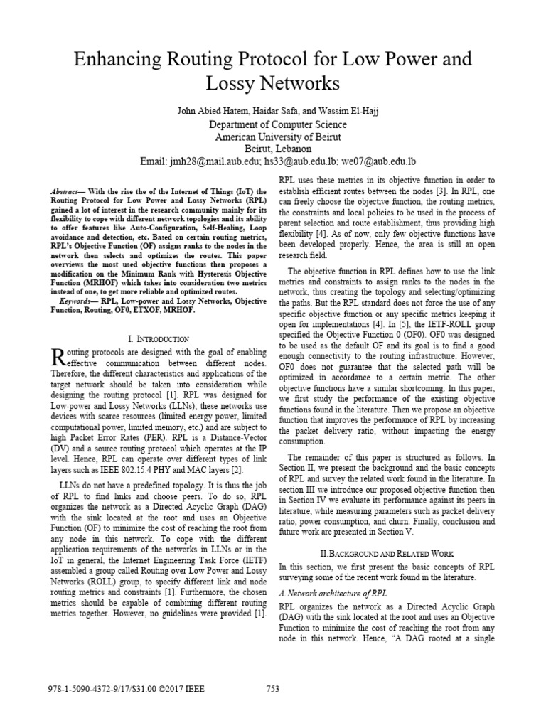 2017 Enhancing Routing Protocol For Low Power And Lossy Networks Pdf Routing Computer Network