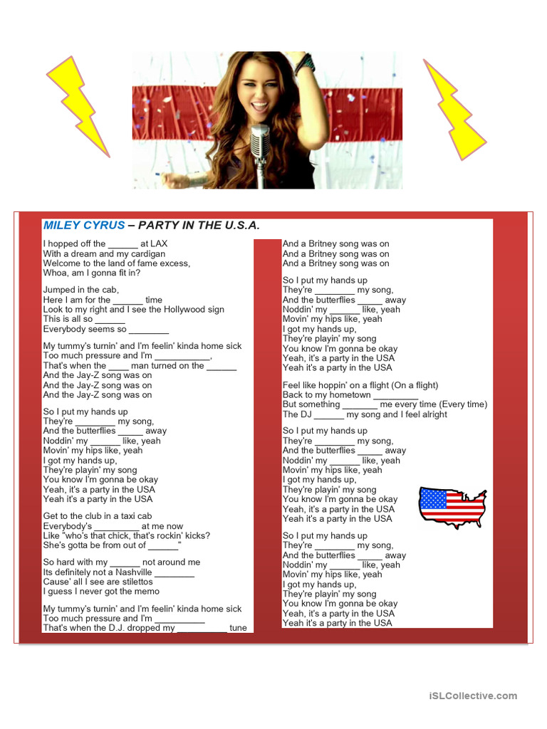 Abrir Miley Cyrus - Party in The U.S.A. Song Worksheet | PDF | Songs ...
