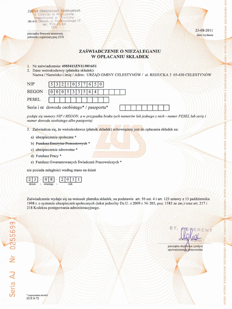 Zaświadczenie ZUS | PDF