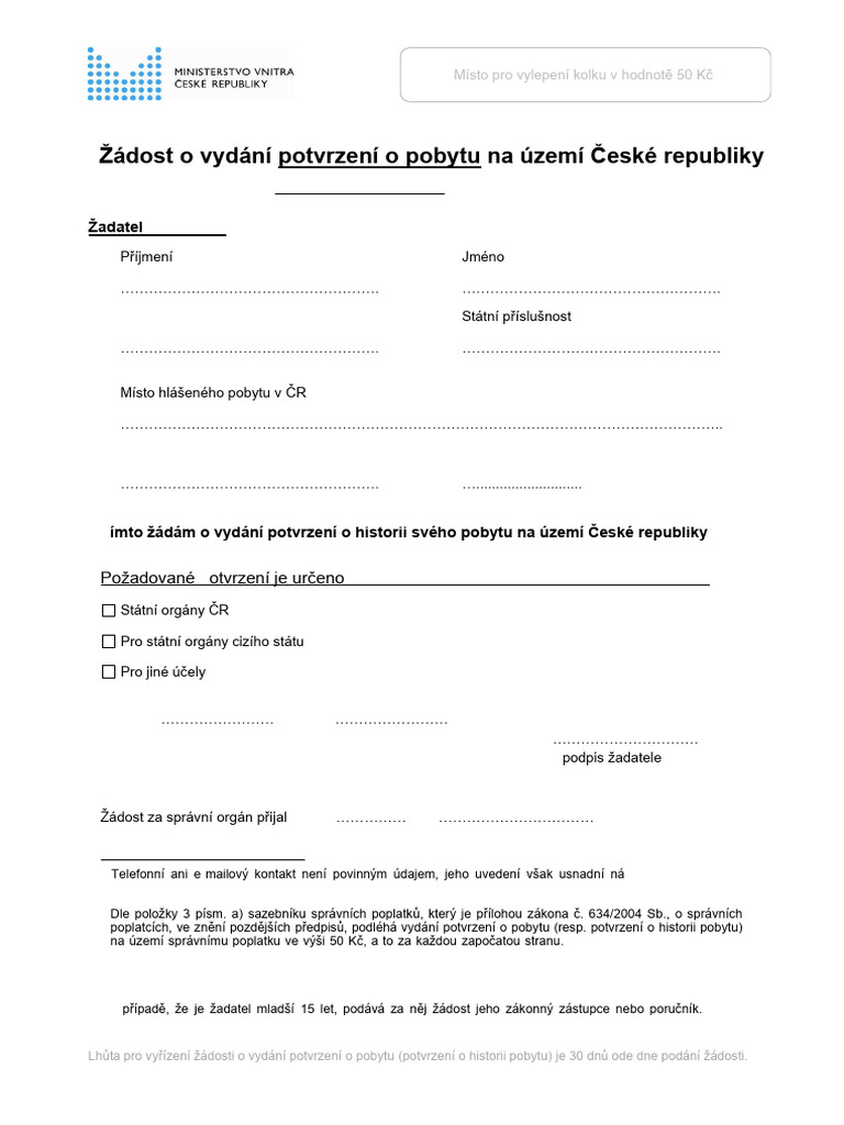 Formular Pro Zadost o Vydani Potvrzeni o | PDF