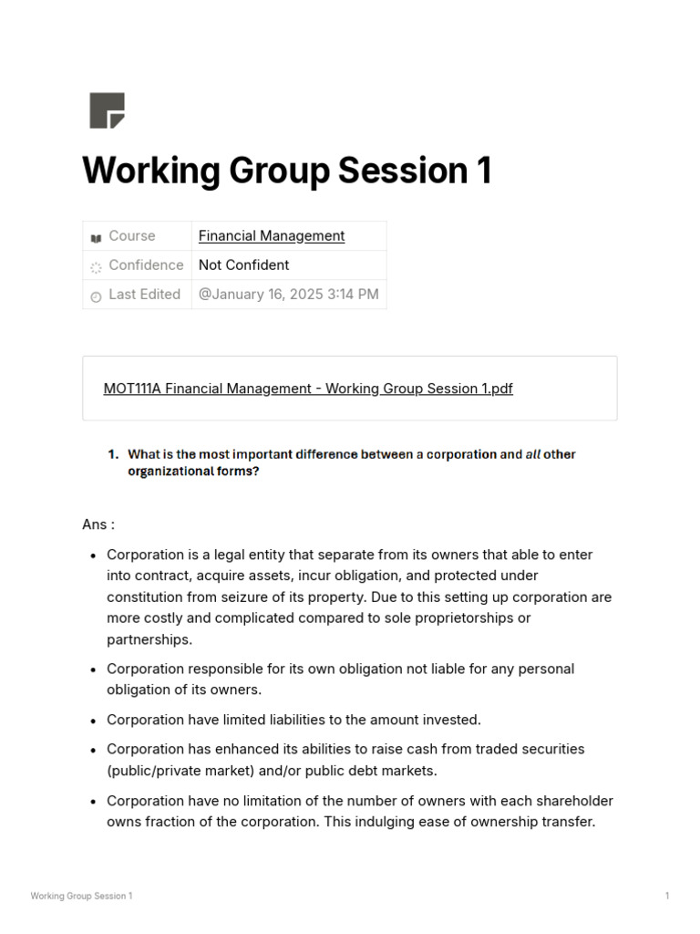 Working Group Session 1 | PDF | Corporations | Equity (Finance)