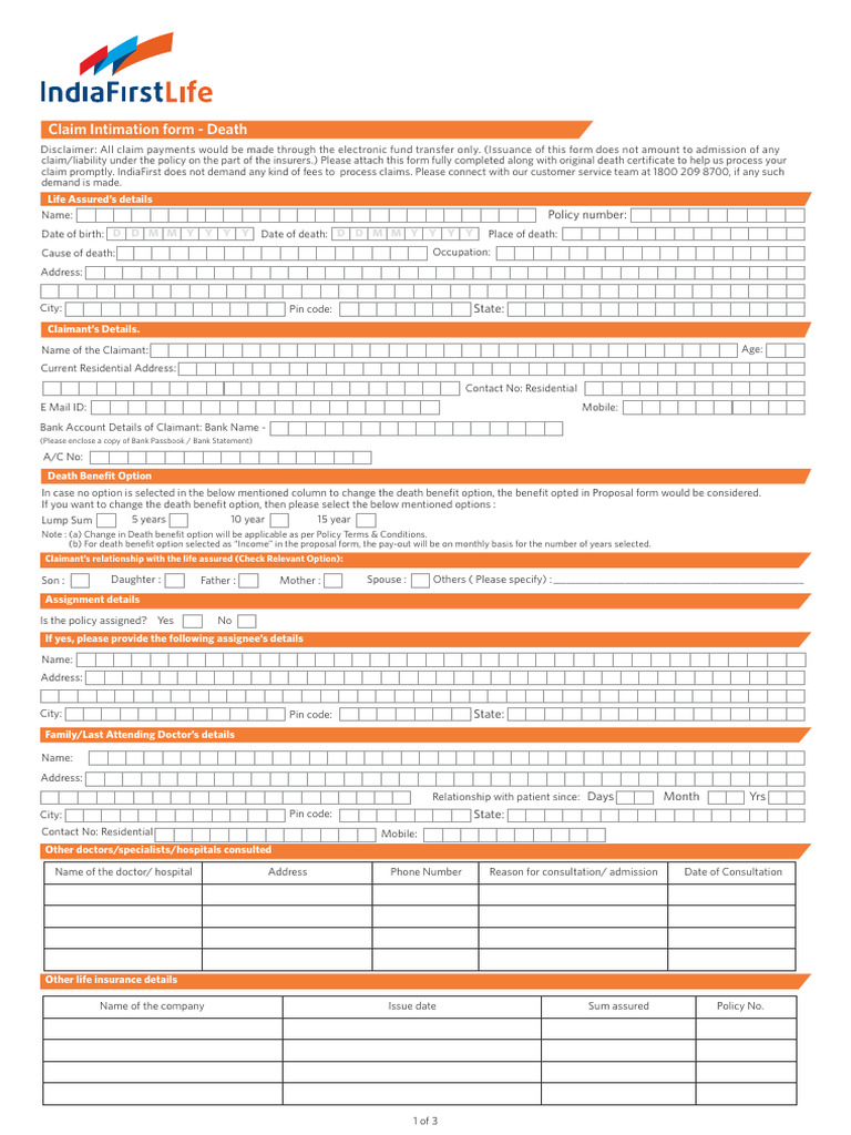 Claim Intimation Form Death Individual | PDF | Physician | Banks