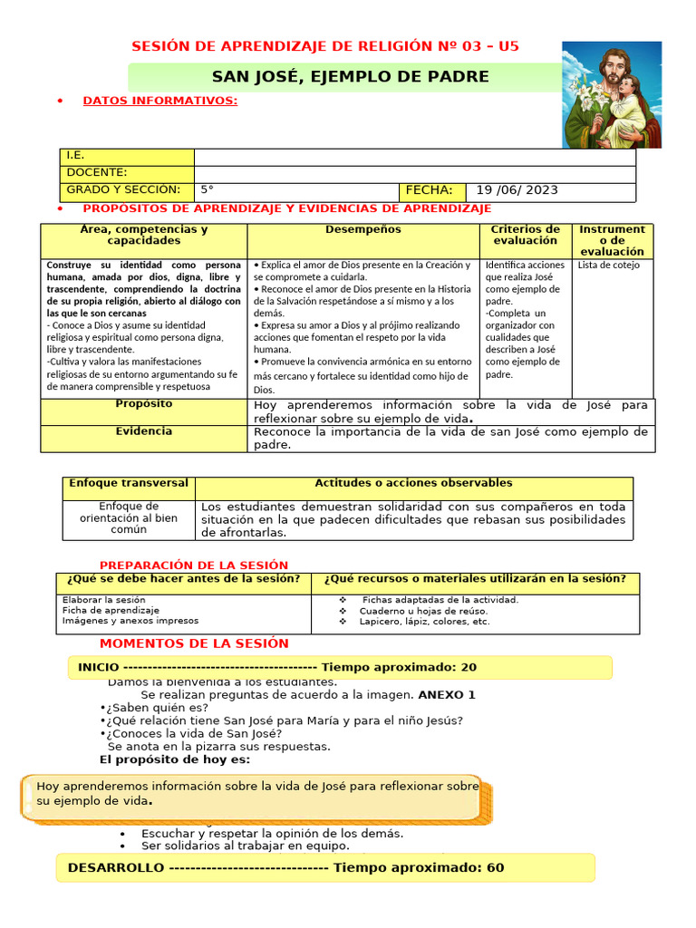 SESION RELIGION-San José Ejemplo de Padre | PDF | San José | María ...