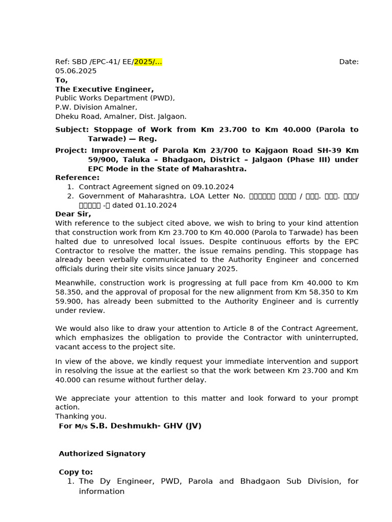 Work Stoppage Notice: Parola to Tarwade | PDF