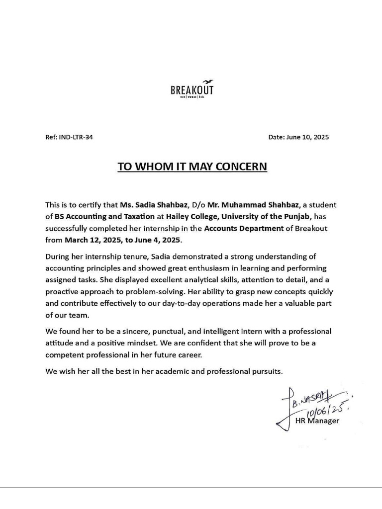 Internship Exp. Certifiacte - Sadia Shahbaz - Breakout | PDF