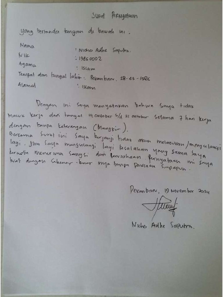 Surat Pernyataan Nicho Adhe Saputra | PDF