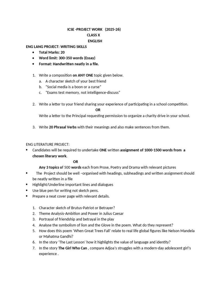 Project Work - English Grade-10 (2025-26) | PDF