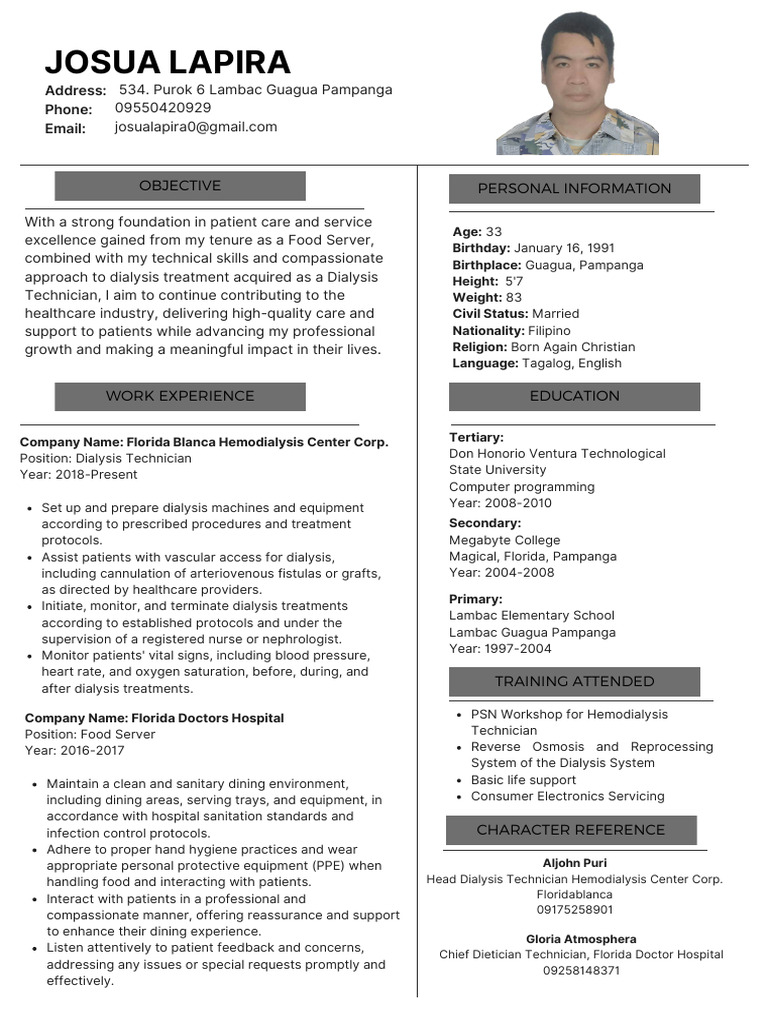 Dialysis Technician Resume - Josua Lapira | PDF | Hemodialysis | Health ...