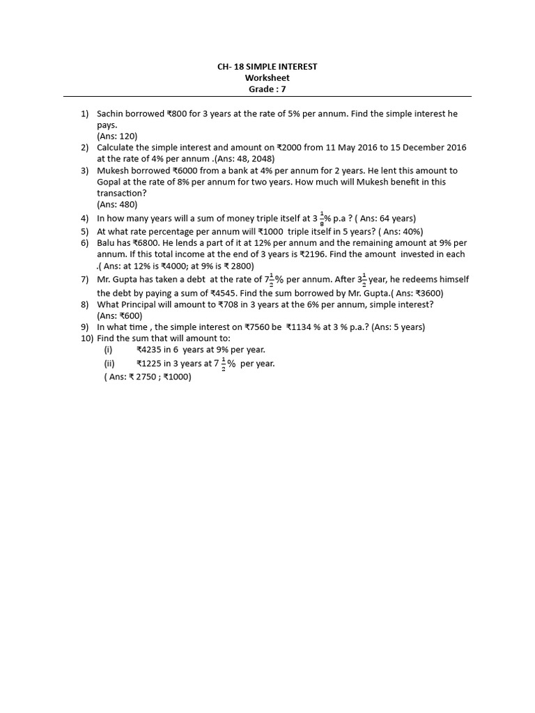 G7 - Simple Interest - Worksheet | PDF