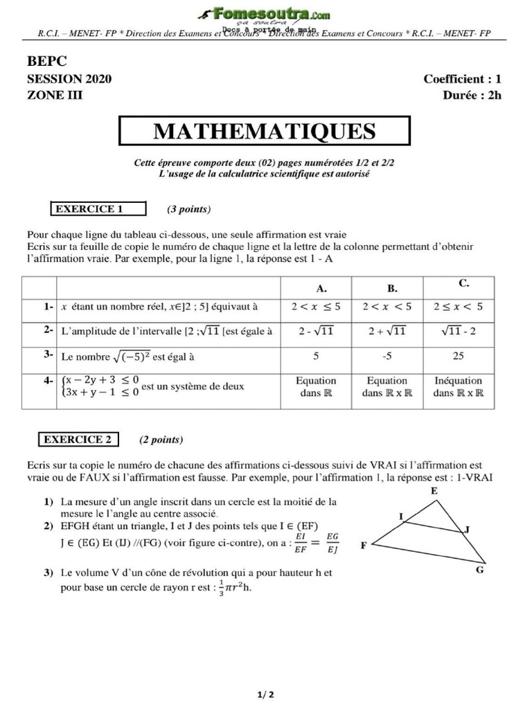 Sujet Corrigé de Mathématique BEPC 2020 Zone 3 | PDF
