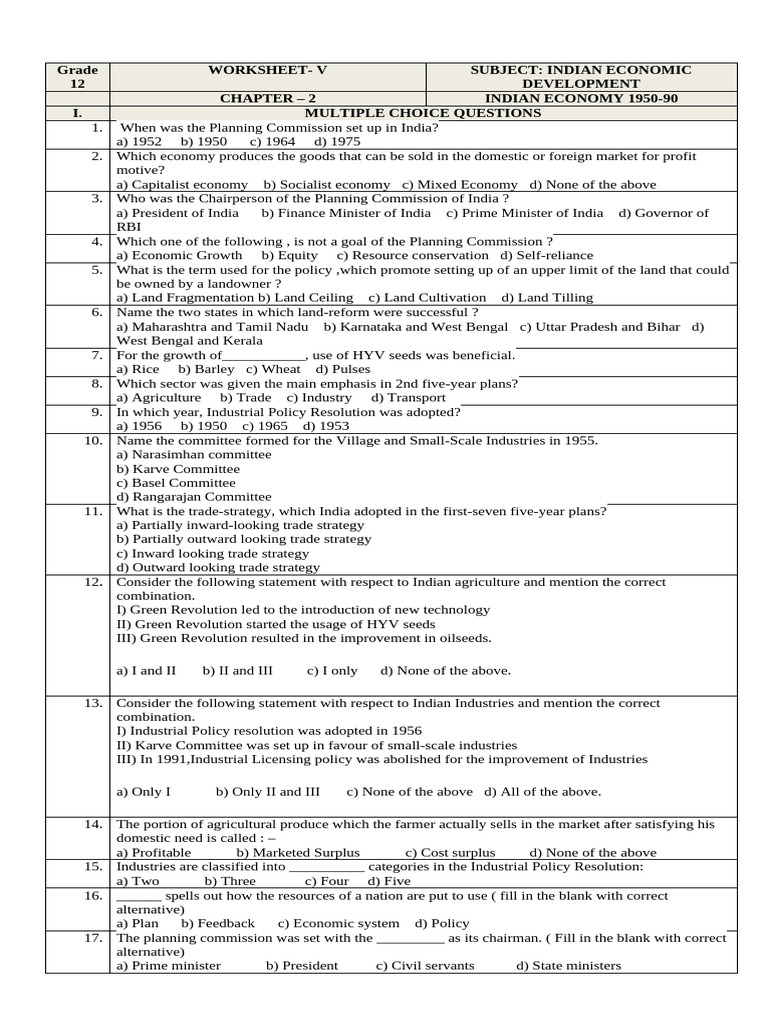 Xii Eco Worksheet 5-Ied | PDF | Agriculture | Economies