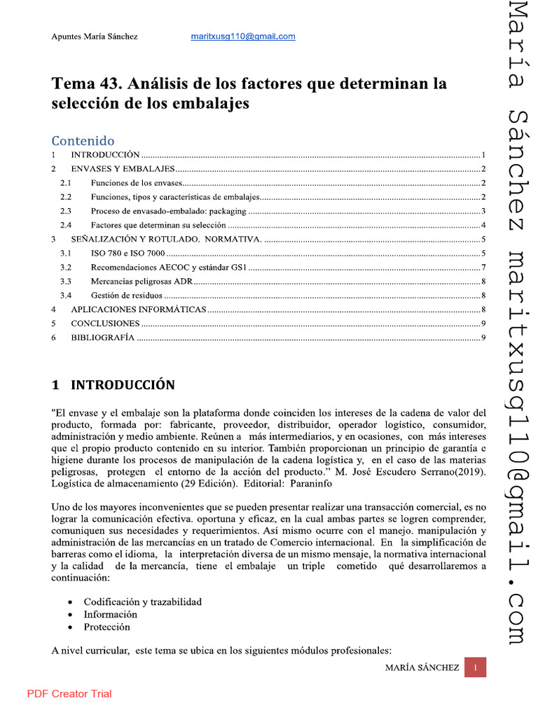 Tema 43. Análisis de Los Factores Que Determinan La Selección de Los Embalajes. María Sánchez (2 ...
