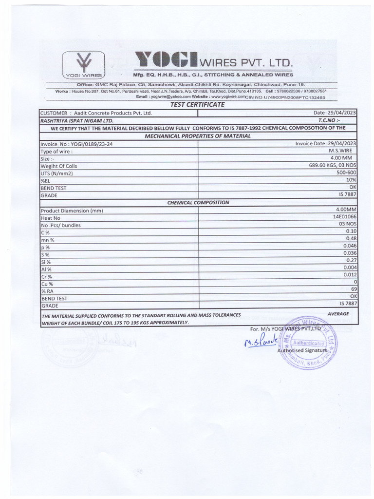 Test Certificate Yogi 0189 | PDF