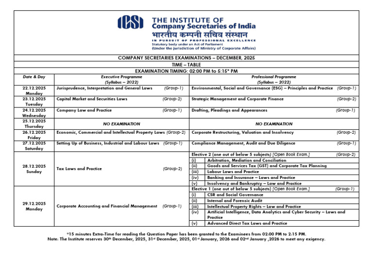 CS Main Exam Time Table December 2025 | PDF | Business | Corporations