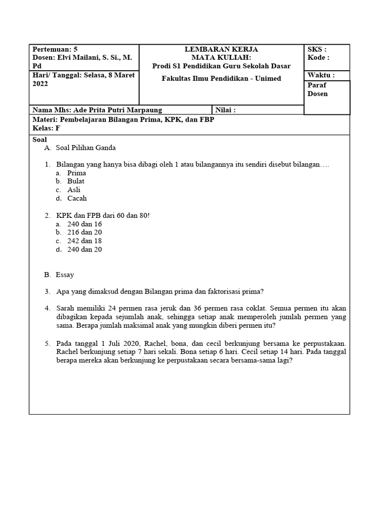 Ade Prita Putri Marpaung (TR 4 Matematika SD) | PDF