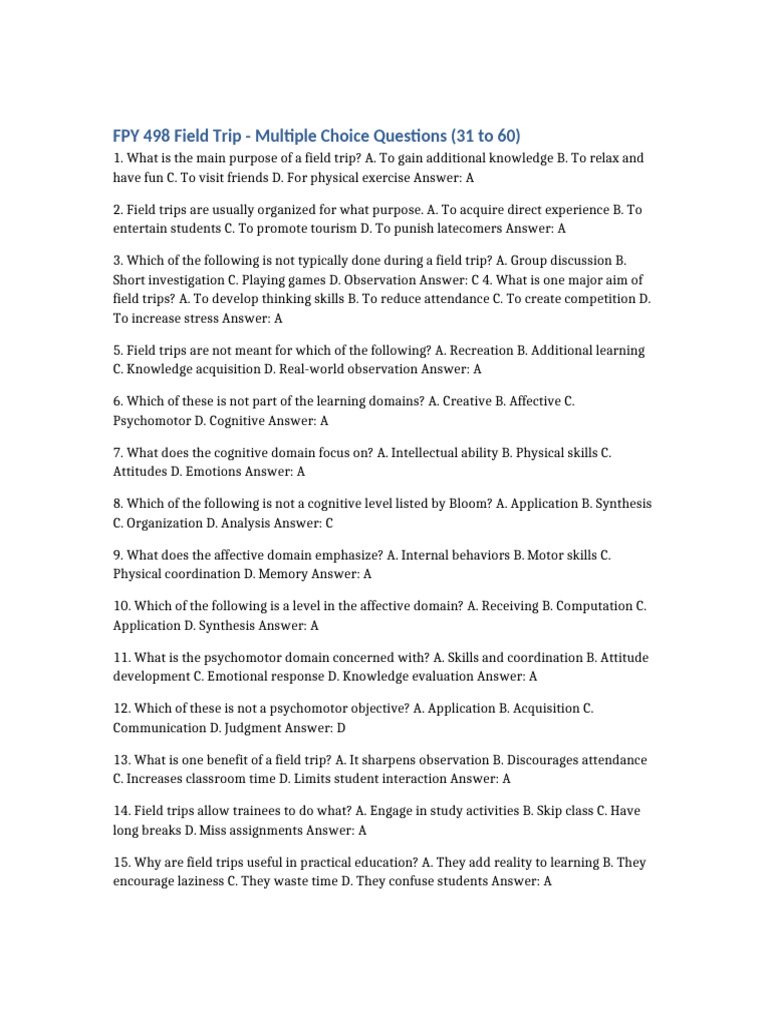 Field Trip MCQs: Knowledge & Planning | PDF | Affect (Psychology ...