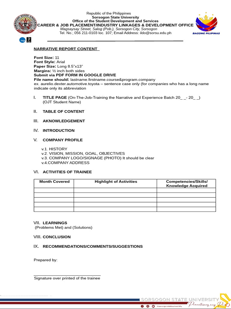 Narrative Report Format Ojt 25-0 | PDF