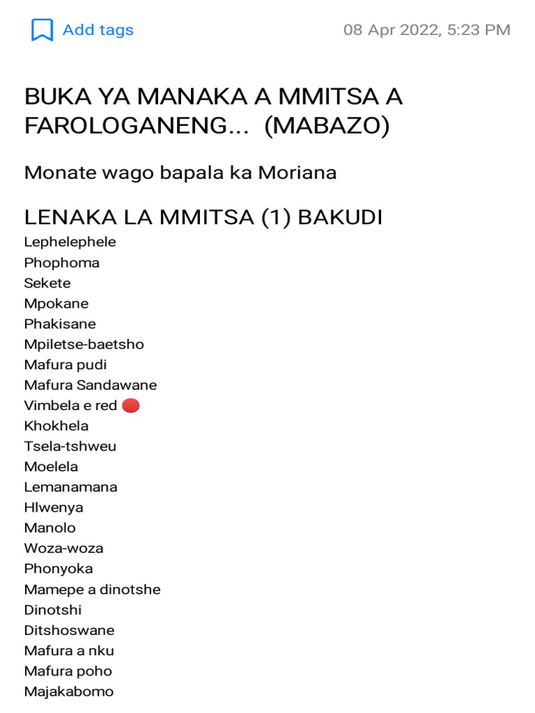 Buka Ya Manaka A Mmitsa Fela e Farologaneng PDF | PDF